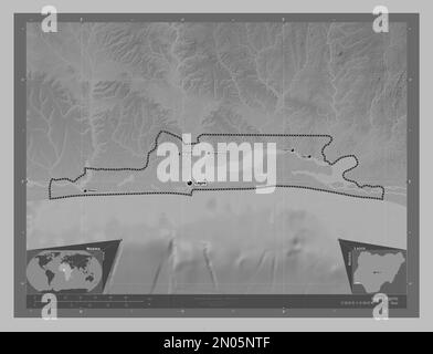 Lagos, state of Nigeria. Grayscale elevation map with lakes and rivers ...