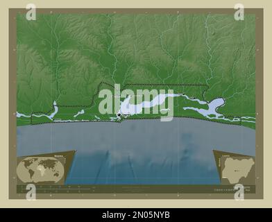 Lagos, state of Nigeria. Colored elevation map with lakes and rivers ...