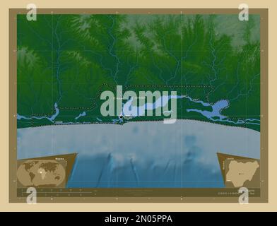 Lagos, state of Nigeria. Colored elevation map with lakes and rivers ...