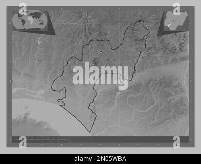 Ondo, state of Nigeria. Grayscale elevation map with lakes and rivers ...