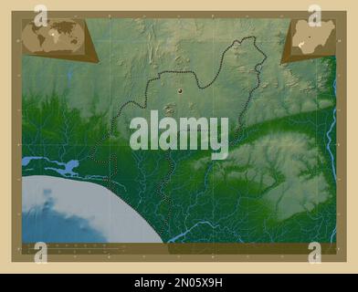 Ondo, state of Nigeria. Colored elevation map with lakes and rivers ...