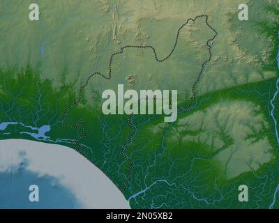 Ondo, state of Nigeria. Colored elevation map with lakes and rivers ...
