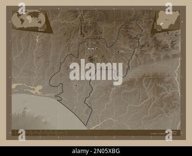 Ondo, state of Nigeria. Colored elevation map with lakes and rivers ...