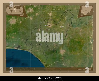 Ondo, state of Nigeria. Low resolution satellite map. Corner auxiliary ...