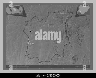 Osun, state of Nigeria. Grayscale elevation map with lakes and rivers ...