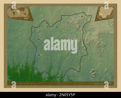 Osun, state of Nigeria. Colored elevation map with lakes and rivers ...