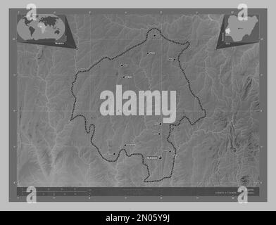 Oyo, state of Nigeria. Grayscale elevation map with lakes and rivers ...