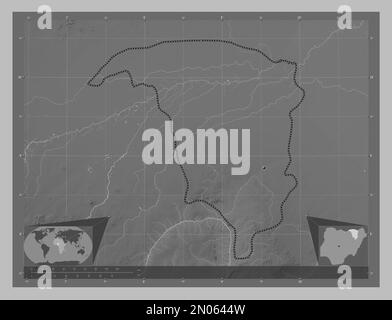 Yobe, state of Nigeria. Grayscale elevation map with lakes and rivers ...