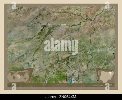 Yobe, state of Nigeria. High resolution satellite map. Locations of ...