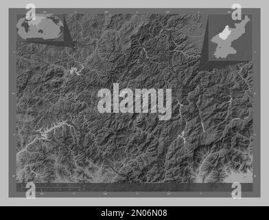Chagang-do, province of North Korea. Grayscale elevation map with lakes ...