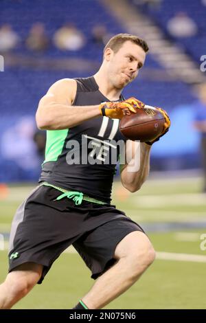 Virginia Tech tight end Ryan Malleck runs a drill at the NFL football ...