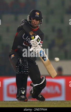 United Arab Emirates’ Rohan Mustafa lofts a ball during an Asia Cup ...