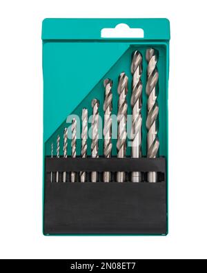 Drill bit set in box isolated on white Stock Photo - Alamy
