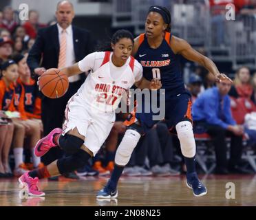 Ohio State's Asia Doss, left, works for a loose ball against Indiana's ...