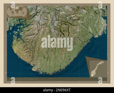 Agder, county of Norway. High resolution satellite map. Locations and ...