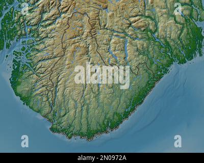 Agder, county of Norway. Elevation map colored in wiki style with lakes ...