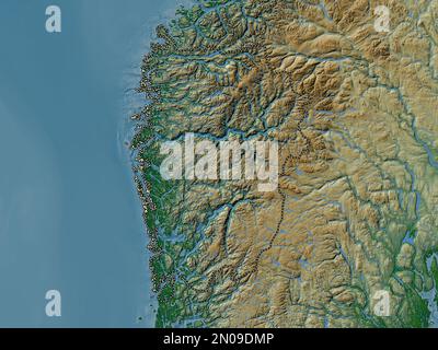 Vestland, county of Norway. Elevation map colored in wiki style with ...
