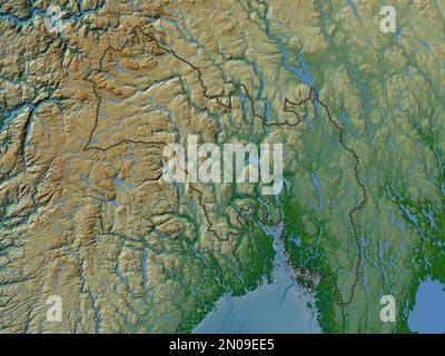 Viken, county of Norway. Colored elevation map with lakes and rivers ...