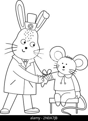 Vector outline animal doctor treating patient. Squirrel checking mole’s ...