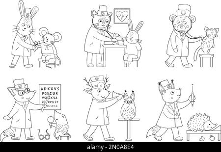 Set of vector outline animal doctors. Cute funny characters. Medical ...