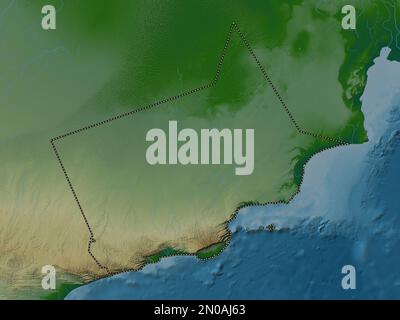 Dhofar, province of Oman. Colored elevation map with lakes and rivers ...