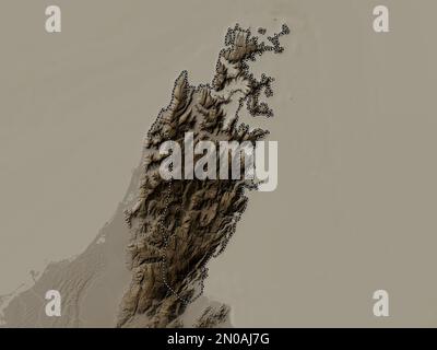 Musandam, province of Oman. Colored elevation map with lakes and rivers ...