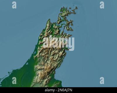 Musandam, province of Oman. Colored elevation map with lakes and rivers ...