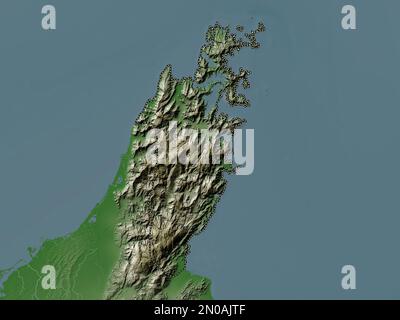 Musandam, province of Oman. Colored elevation map with lakes and rivers ...
