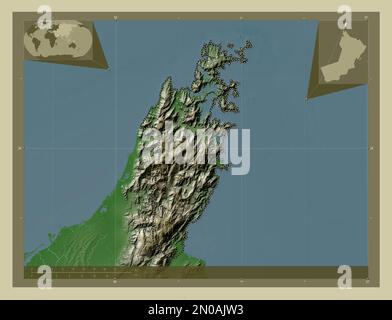 Musandam, province of Oman. Colored elevation map with lakes and rivers ...