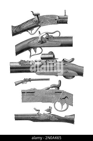Antique engraving of rifles from XIX century - long guns, flintlock ...