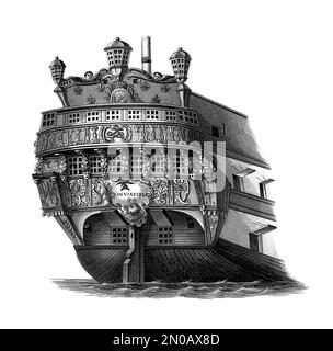Antique engraving depicting the stern of the Invincible, 74-gun French ...