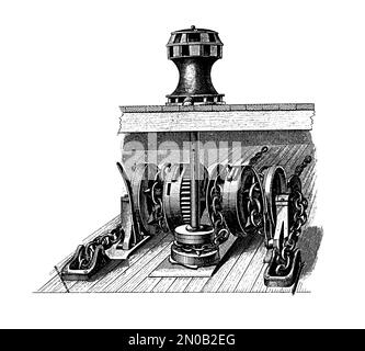 Antique 19th-century illustration of capstan on a warship. Engraving ...