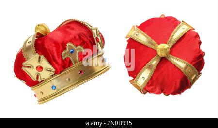 Beautiful crown with gemstones on white background, side and top views ...