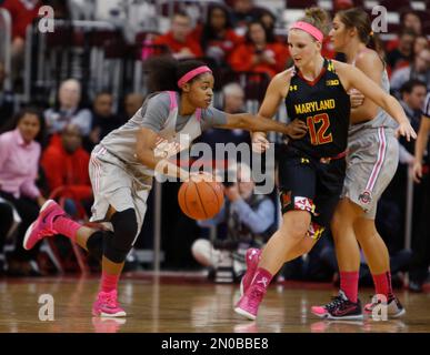 Ohio State's Asia Doss, left, works for a loose ball against Indiana's ...