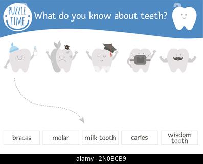 Matching game with teeth and mouth. Dental care math activity for ...