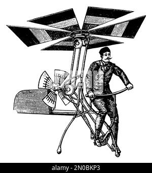 Vintage engraving of a man-powered flying machine with wings from the ...