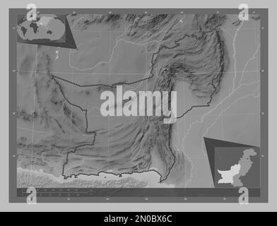 Baluchistan, province of Pakistan. Grayscale elevation map with lakes ...