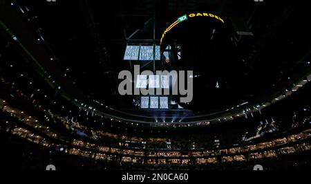 Boston Celtics championship banners during the first quarter of an NBA ...