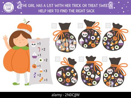Halloween matching game with trick or treat sweets and cute kawaii kids ...