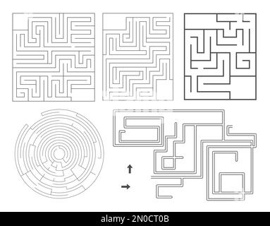 Vector maze template set. Blank black and white square, round, polygon, triangle shaped ...