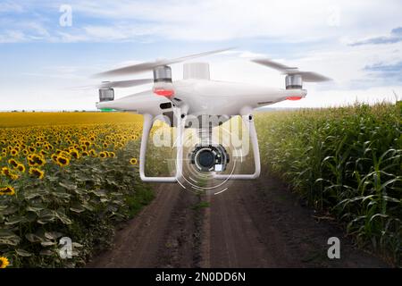 Aerial view. The drone flies over foggy and fluffy clouds. Blue sky sun ...