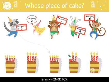 Birthday matching game with cakes and candles. Holiday math activity ...