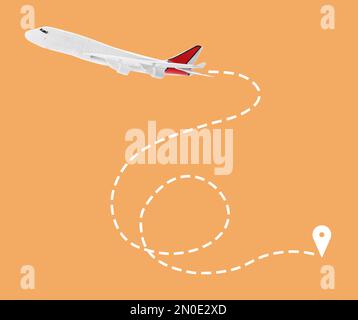 Flight direction illustration. Plane and pin connected by dashed line ...