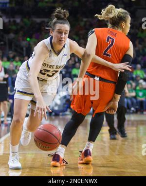 Notre Dame’s Michaela Mabrey (23) gets pressure from Miami’s Jessica ...