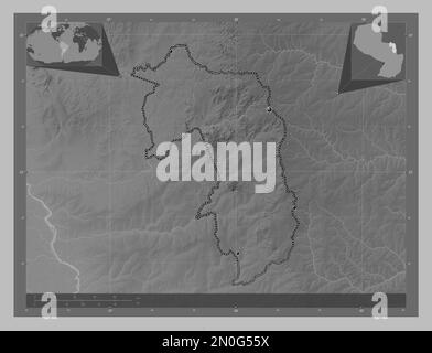 Amambay, department of Paraguay. Grayscale elevation map with lakes and ...