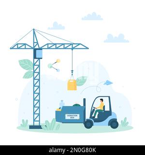 Cartoon tiny people loading boxes of humanitarian aid with forklift ...