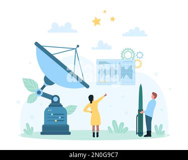 Cartoon tiny people receive or transmit signal of radio waves by ...