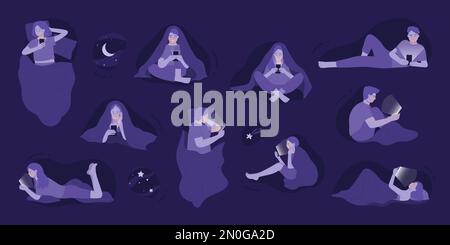 People with mobile phone devices at night vector illustration set ...