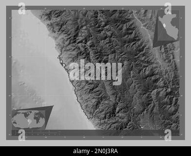 Ancash, region of Peru. Grayscale elevation map with lakes and rivers ...