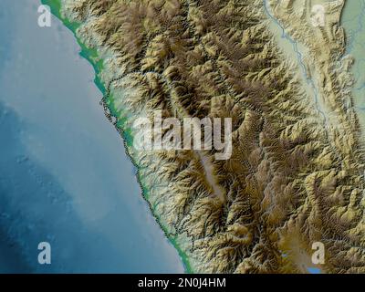 Ancash, region of Peru. Colored elevation map with lakes and rivers ...